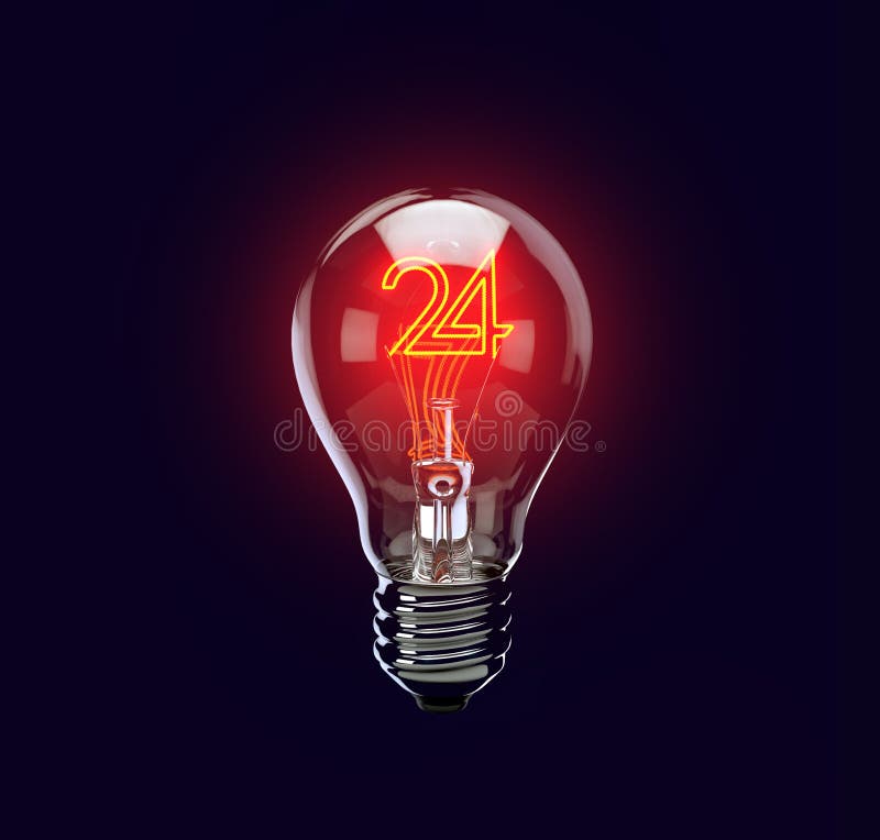Open 24 Hours. Light Bulb Illuminates with Number 24. Brand Concept ...