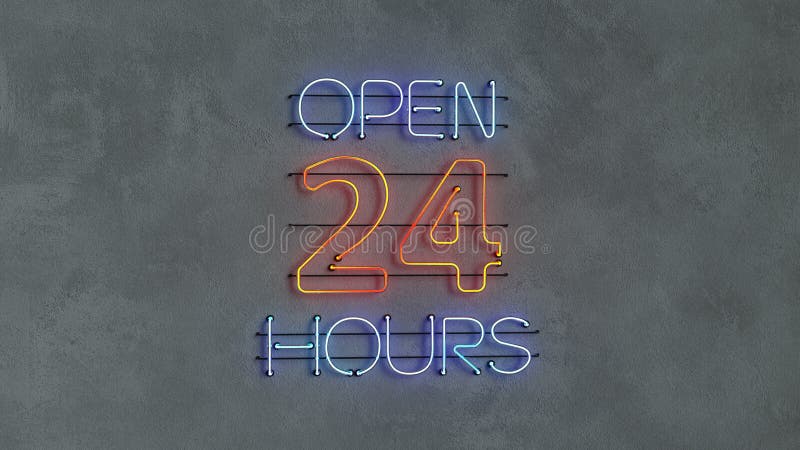 Open 24 Hours Neon Light Text 3D Render Illustration Stock Illustration ...