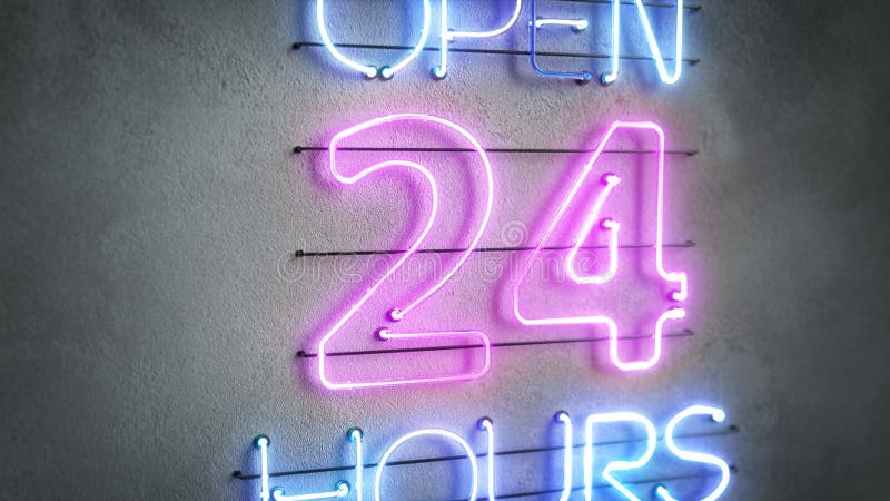 Open 24 Hours Neon Light Text 3D Render Illustration Stock Illustration ...