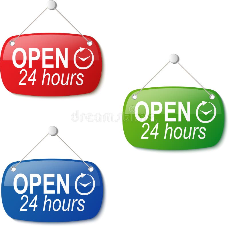 Open 24 Hours Signs in Red Green and Blue on White Stock Vector ...
