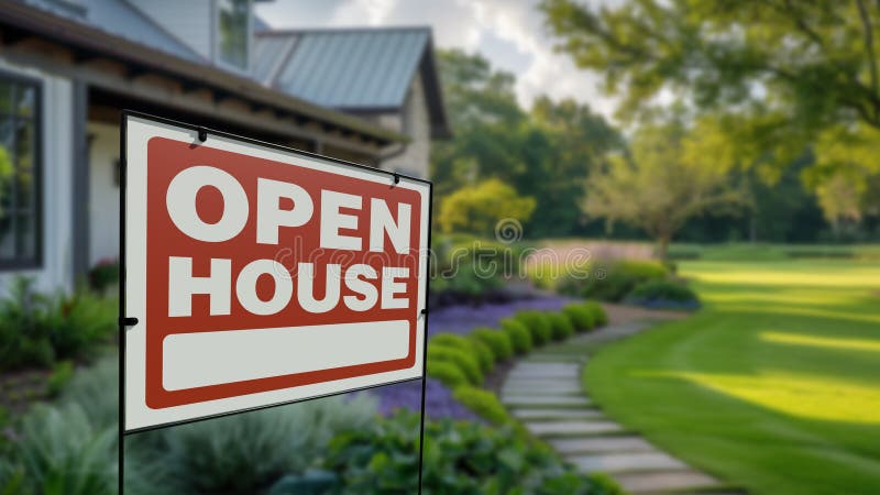 Open House Real Estate Yard Sign in Front of Beautiful House Stock Illustration - Illustration ...