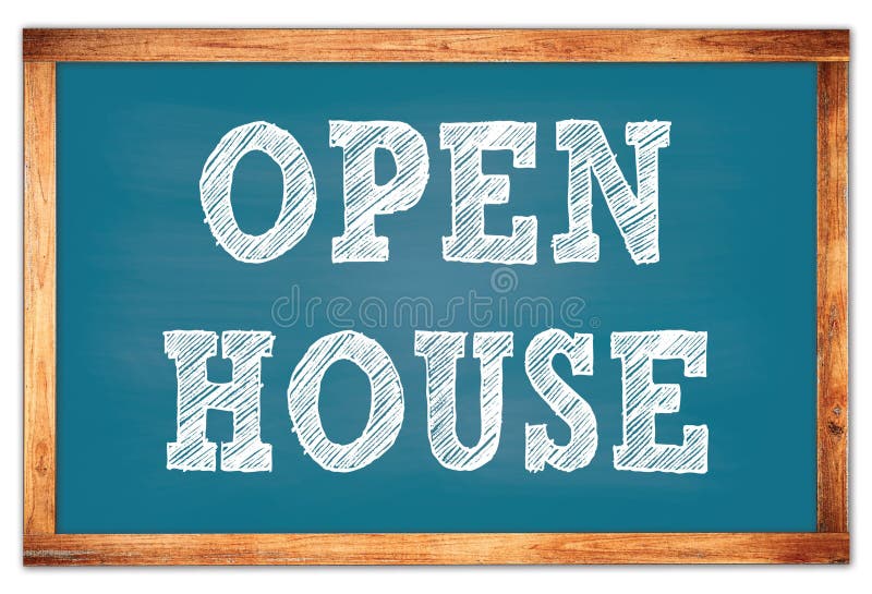 OPEN HOUSE Words on Blue Wooden Frame School Blackboard Stock ...