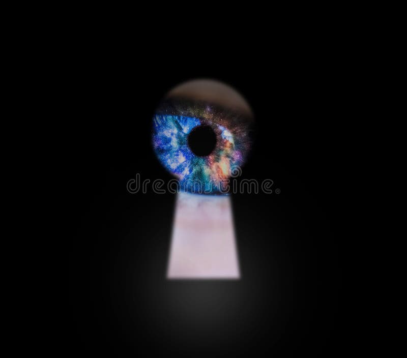 Open human eye in keyhole. stock photo. Image of brother - 336051226