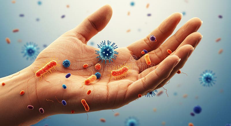 An Open Human Hand is Depicted with Various Colorful, Enlarged ...