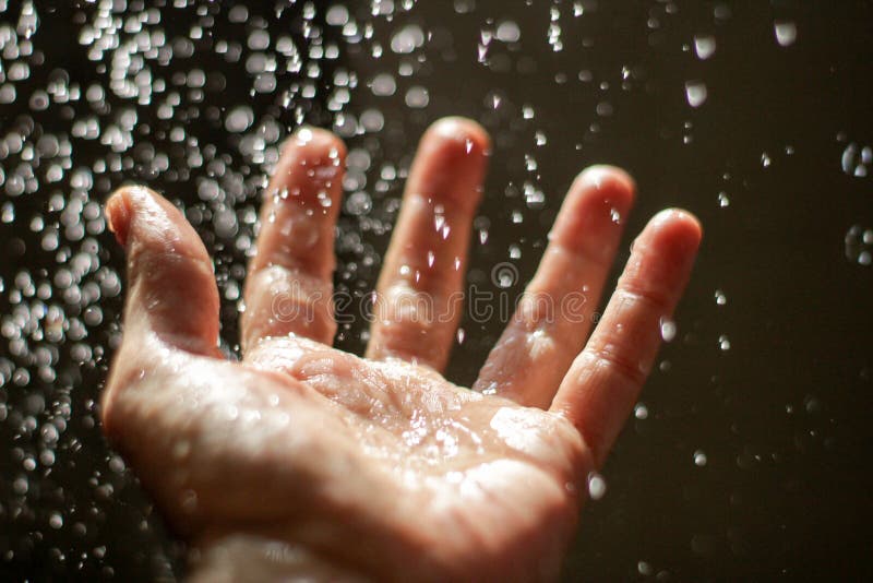 Open Human Hand Under Water Drops Stock Photo - Image of open, drops ...