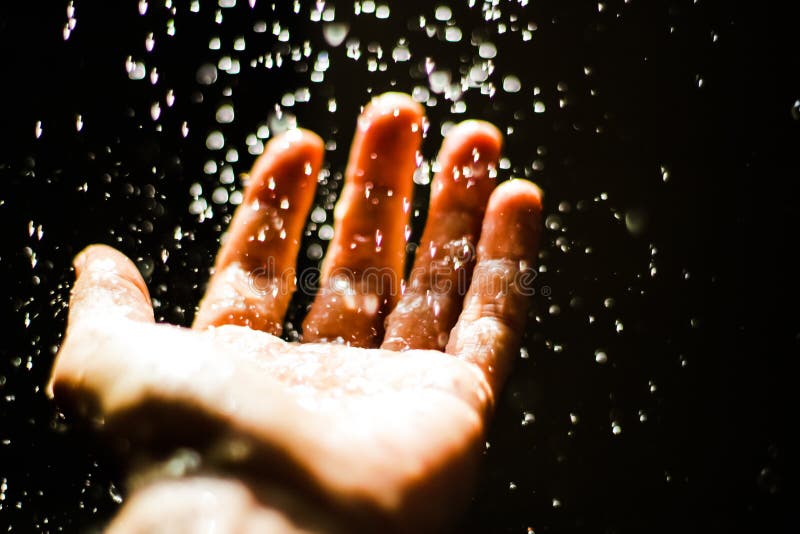 Open Human Hand Under Water Drops Stock Image - Image of drops, blurred ...