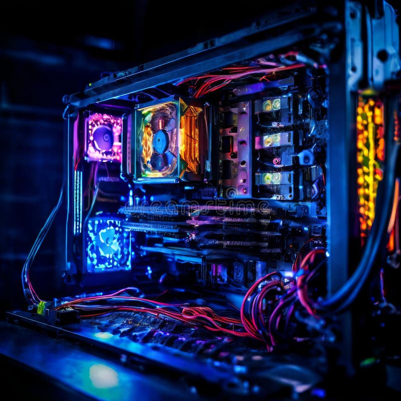 Open Illuminated Gaming PC with Colorful Components on Display Stock ...
