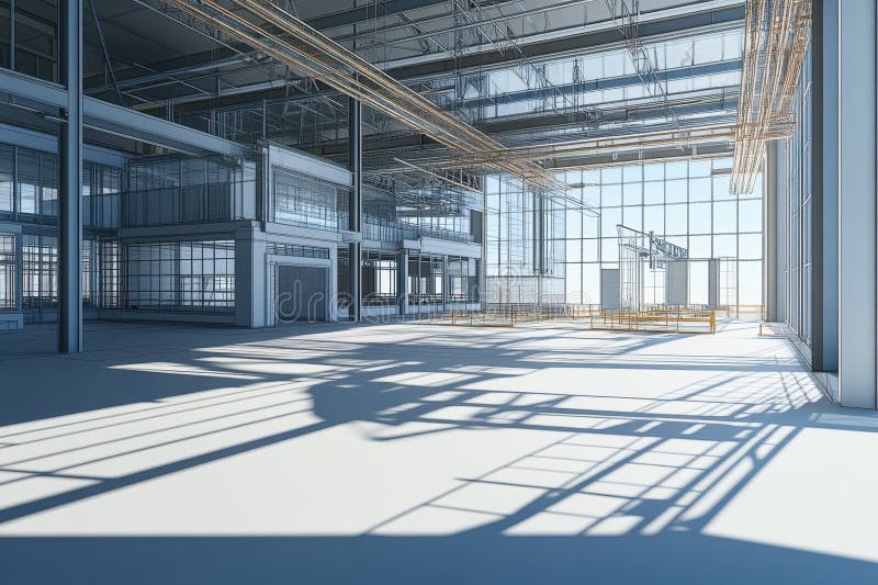 Open Industrial Space with Large Windows and Modern Architectural ...