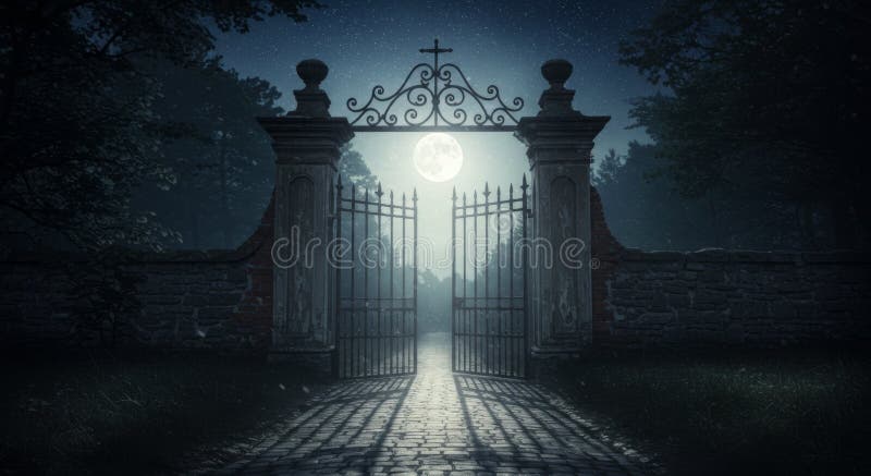 Open Iron Gate at Night with Full Moon Stock Illustration ...