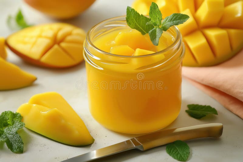 Open Jar of Mango Jelly with Mango Pieces and Mint on a White Marble ...