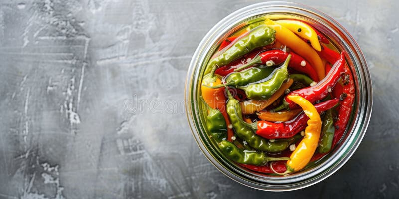 Open Jar with Pickled Peppers, Top View. Canned Vegetables Banner with ...