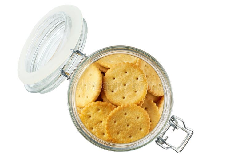 Open Jar of Round Crackers Isolated on White Background, Top View Stock ...