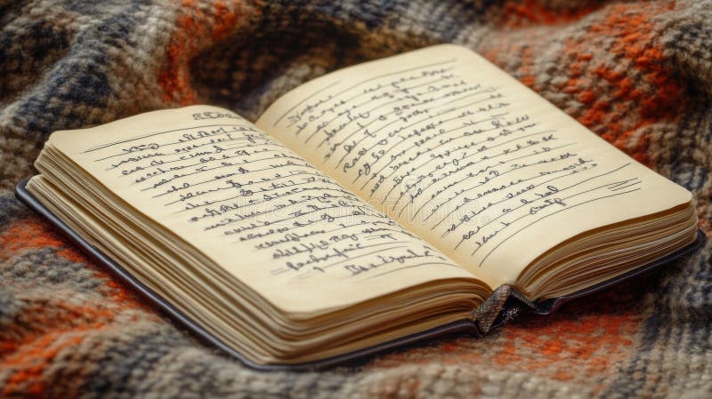 Open Journal Filled with Handwritten Notes Rests on a Knit Blanket ...