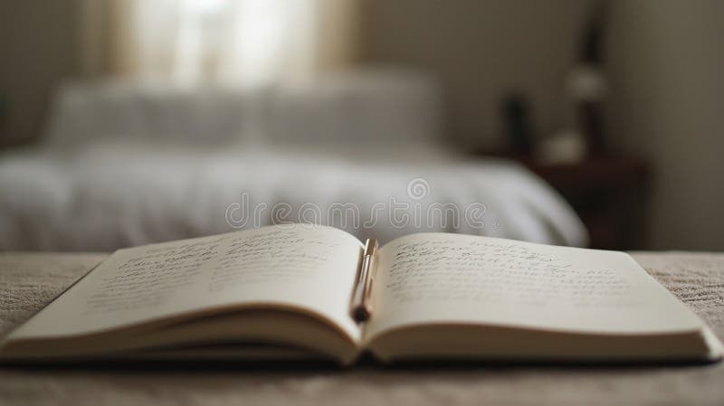 Open Journal with Handwritten Notes Resting on a Bed in a Cozy Bedroom ...