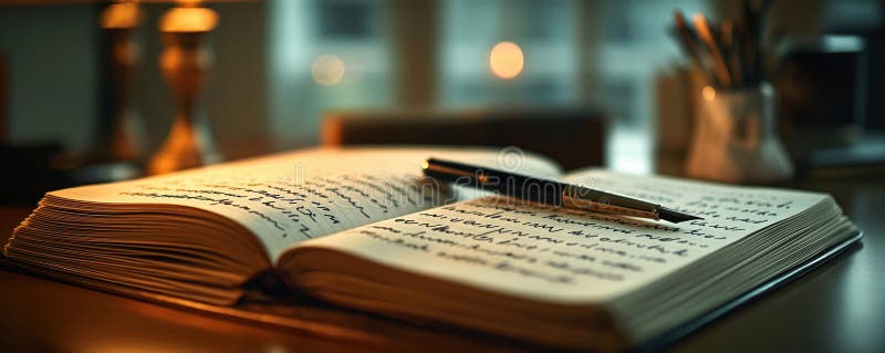 Open Journal with Handwritten Notes Sits on Desk. Pen Rests on Open ...