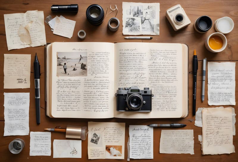 Open Journal with Handwritten Text and Craft Supplies on Rustic Wooden ...