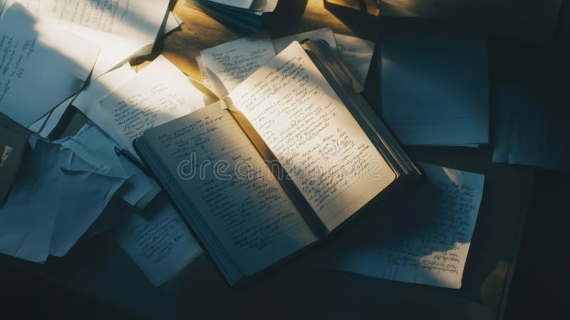 Open Journal with Handwritten Text among Scattered Papers Bathed in ...