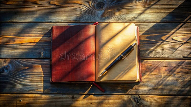Open Journal with Pen Resting on Rustic Wooden Surface Bathed in ...