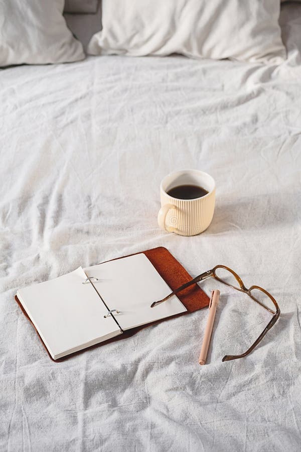 Open Journal Pen White Blanket Next Coffee Mug Eyeglasses Stock Photos ...