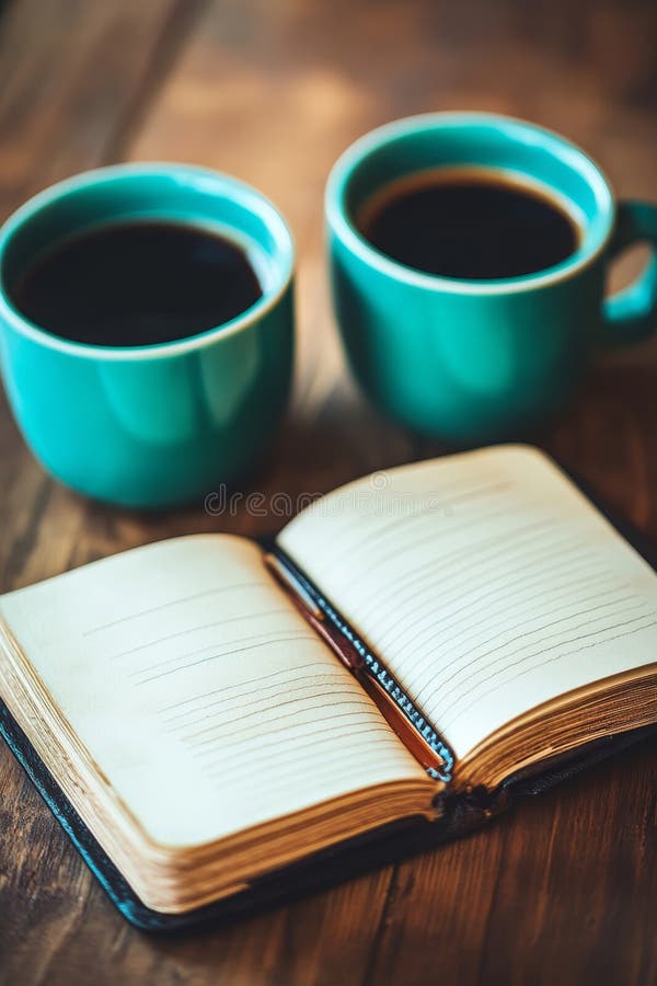 Open Journal, Two Cups of Coffee, Rustic Table Concept of Inspiration ...