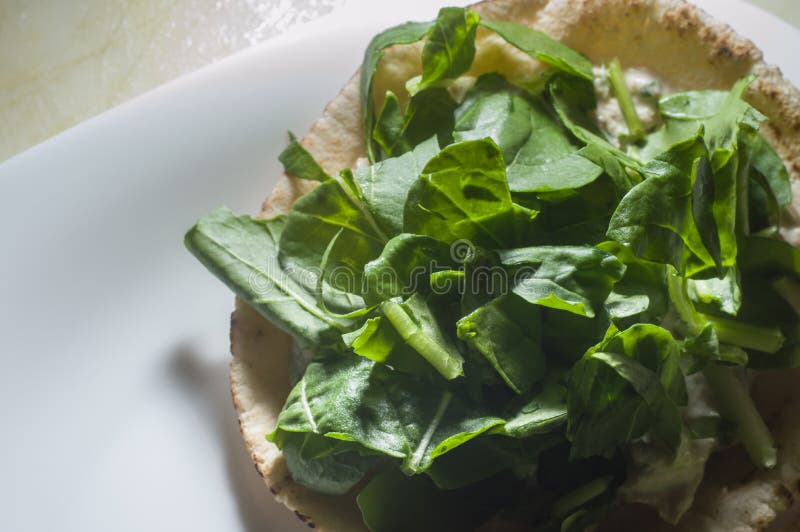 Open Kebab with Green Leaves on a White Plate and Copy Space Stock ...