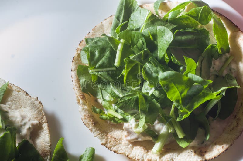 Open Kebab with Green Leaves on a White Plate and Copy Space Stock ...