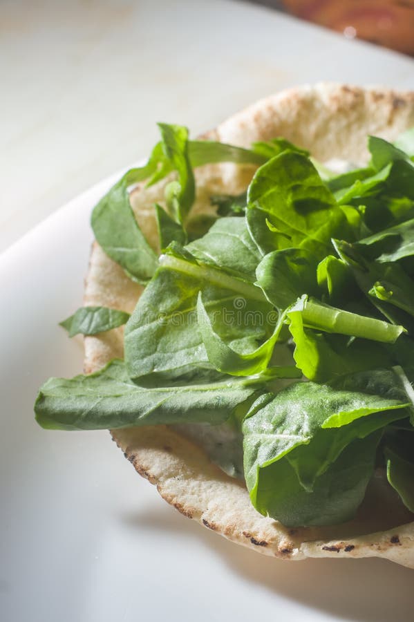 Open Kebab with Green Leaves on a White Plate and Copy Space Stock ...