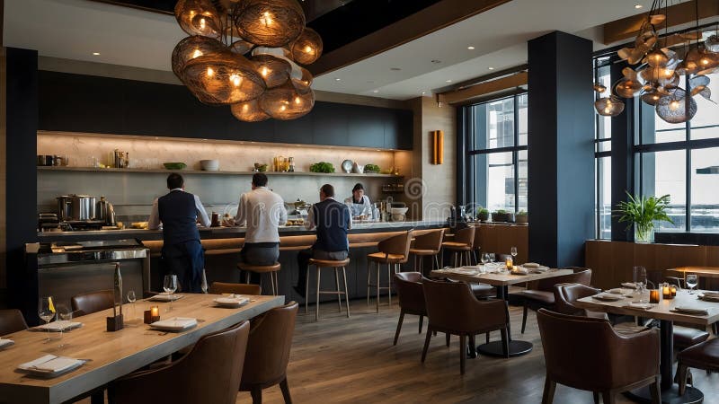 Open Kitchen Concept with Chefs at Work and Chic Restaurant Seating ...
