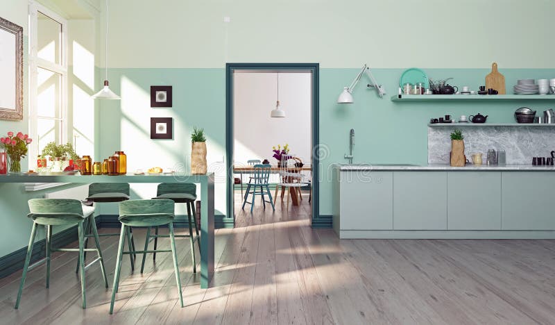 Open Kitchen with Dining Area Stock Illustration - Illustration of ...