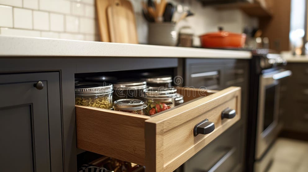 Open Kitchen Drawer Organized with Jars of Dry Food and Ingredients ...