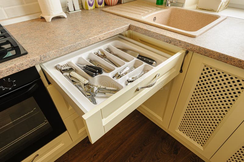 Open Kitchen Drawer with Silverware Inside Stock Photo - Image of house ...