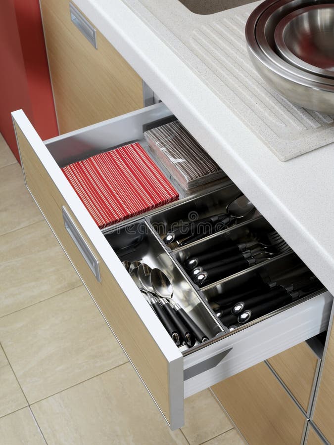 Open kitchen drawers stock photo. Image of service, food - 24800470