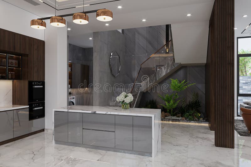 Open Kitchen Interior Design in the Modern Residential House. 3D ...