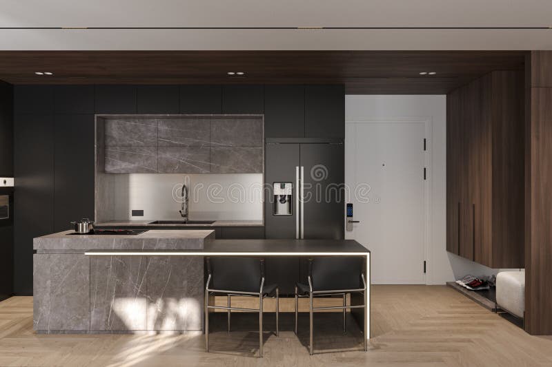 Open Kitchen Interior with Marble Kitchen Island and Technology, 3D ...