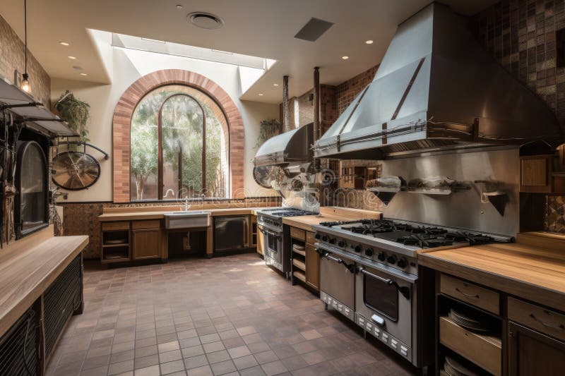 An Open Kitchen with Several Cooking Stations, Including a Pizza Oven ...