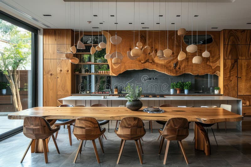 An Open Kitchen with Wooden Dining Table and Chairs Stock Photo - Image ...