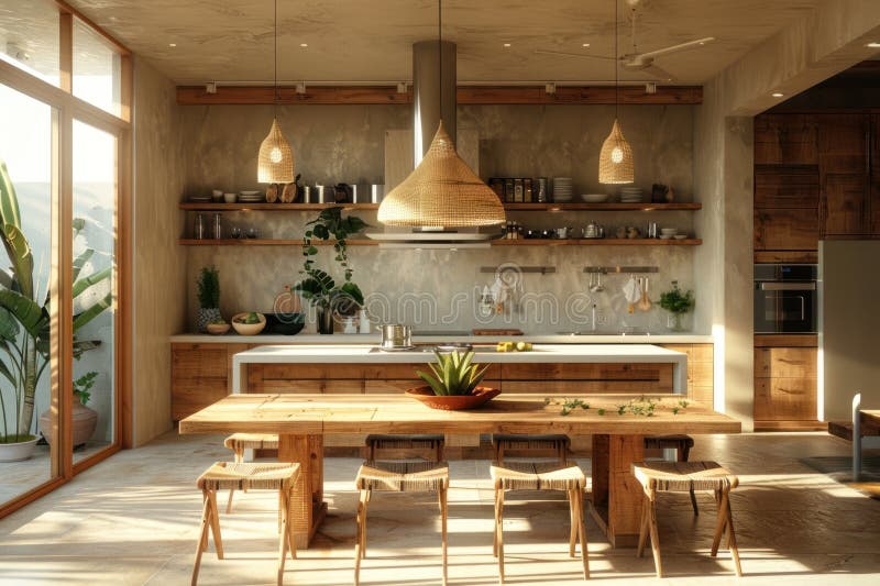 An Open Kitchen with Wooden Dining Table and Chairs Stock Image - Image ...