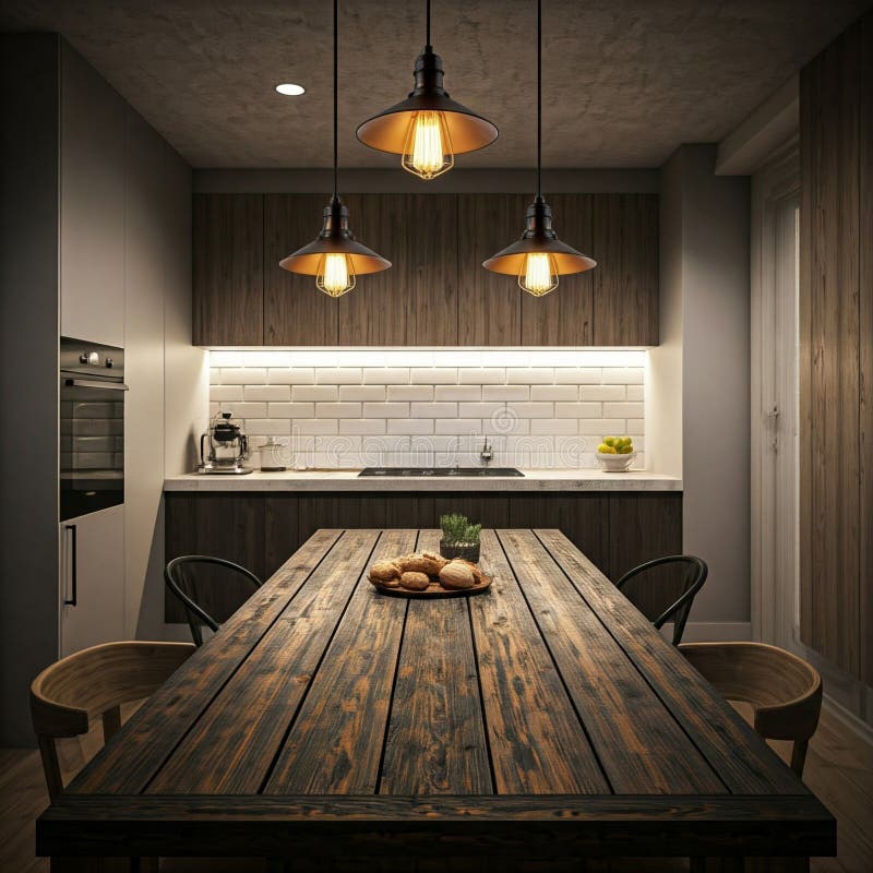 Open Kitchen with Wooden Dining Table and Industrial Pendant Lights ...