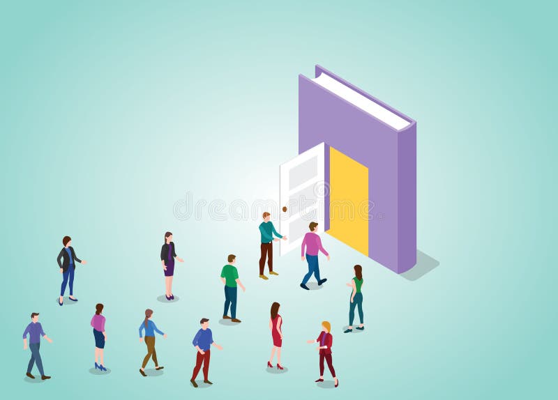 Open Knowledge Concept with People and Books and Door with Modern Flat ...