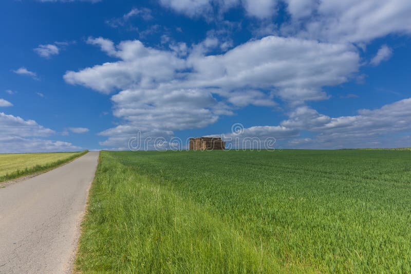 Open Landscape. a Large Field is Turning Green and There is a Stack of ...