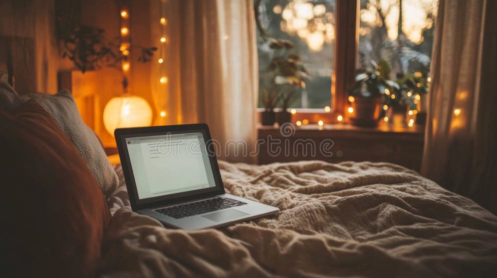 Open Laptop on a Bed by a Window with String Lights Stock Illustration ...