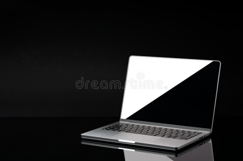 Open Laptop with Black Screen Against Black Background Stock Photo ...