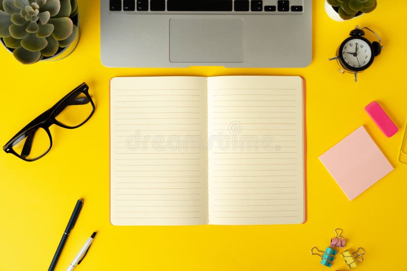 Open Laptop with Blank Notebook, View from Above. Workplace Concept ...