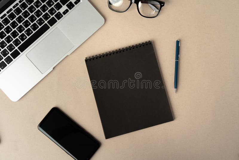 Open Laptop with Blank Notebook, View from Above. Workplace Concept ...