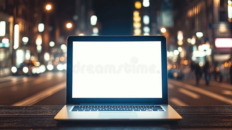 Open Laptop with Blank Screen on City Street at Night Stock Image ...