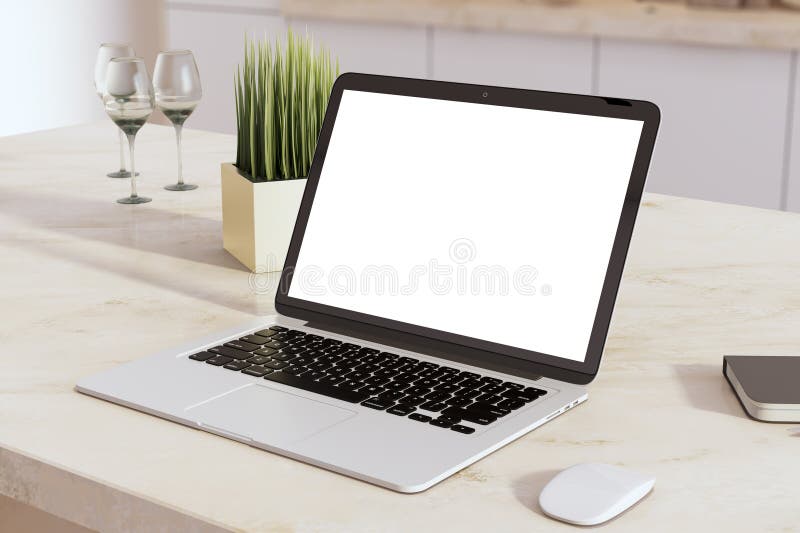 An Open Laptop with a Blank Screen on a Kitchen Counter, Accompanied by ...