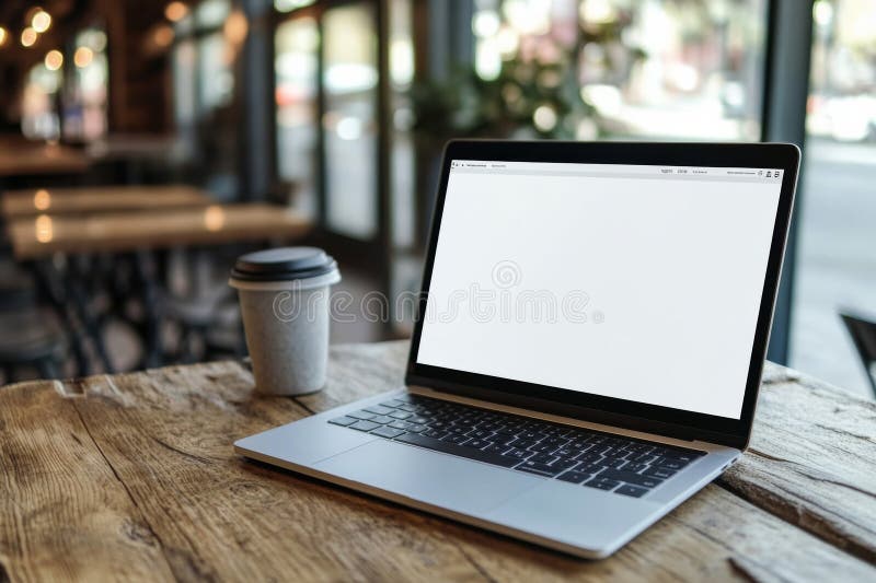 Open Laptop Blank Screen Rustic Wooden Table Cozy Cafe Setting Stock ...