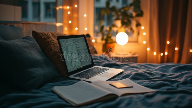 Open Laptop, Book, and Phone on a Bed with Warm Lighting Stock ...