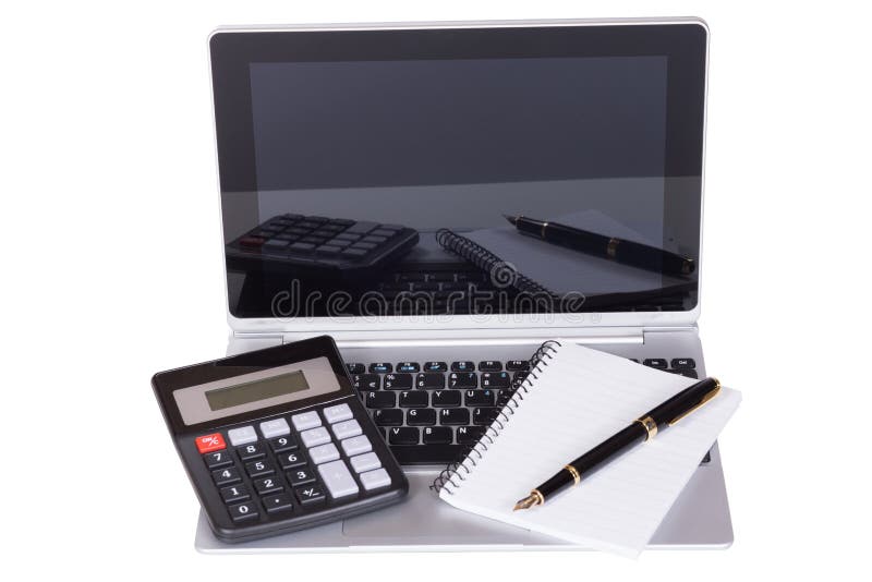 Open Laptop , Calculator, Pen and Notebook Stock Image - Image of ...