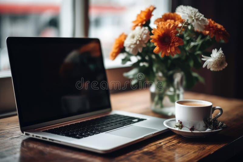 Open Laptop with Coffee and Flowers on Table. Generative AI Stock ...